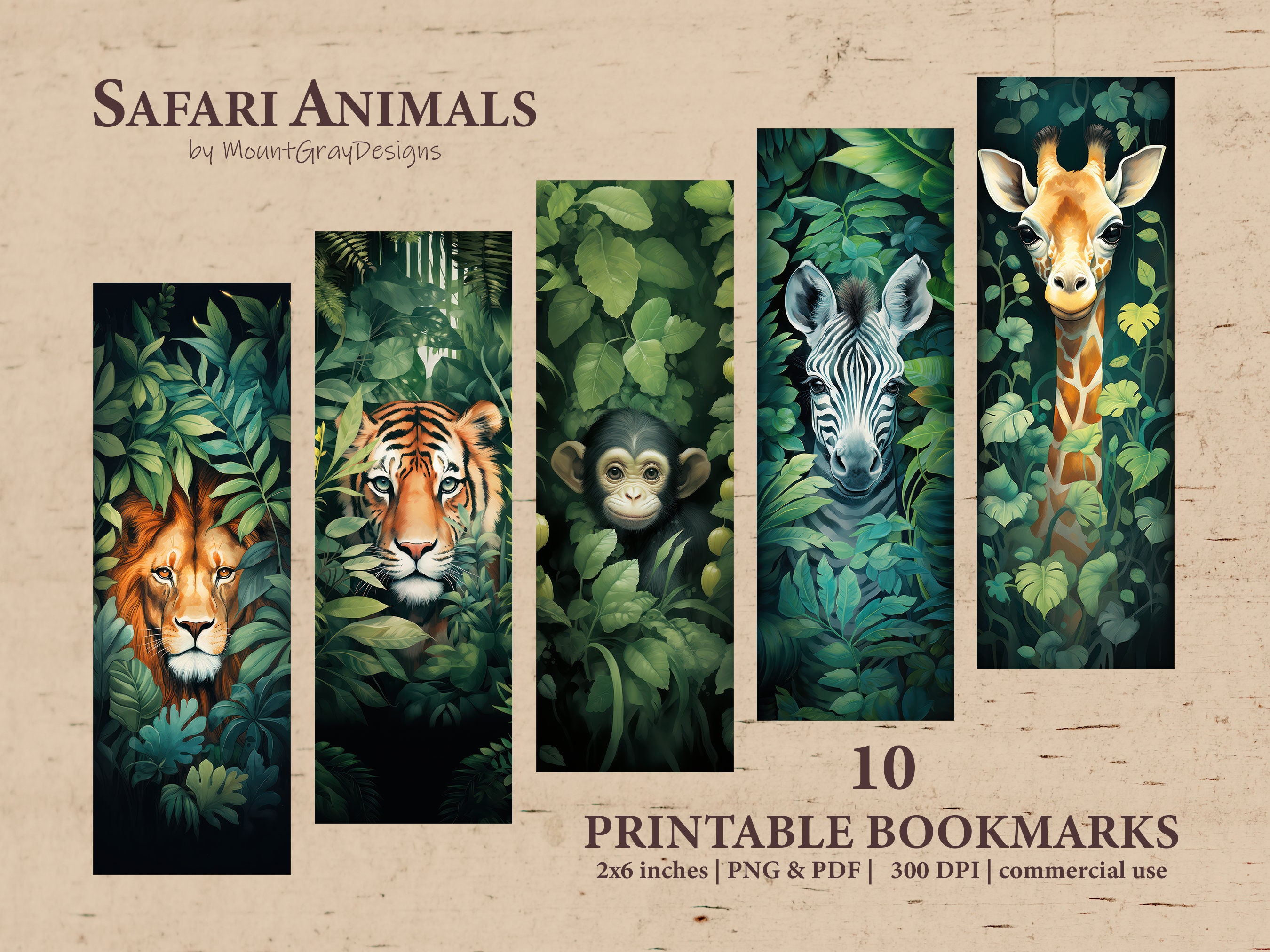 10 Watercolor Safari Animals Printable Bookmarks PNG & PDF Bookmark ...