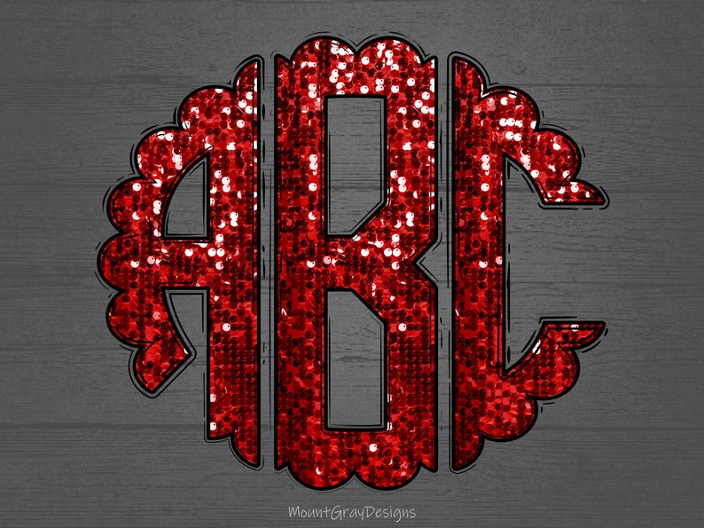Scalloped Monogram PNG, Red Faux Sequin Glitter Round Monogram, Doodle ...