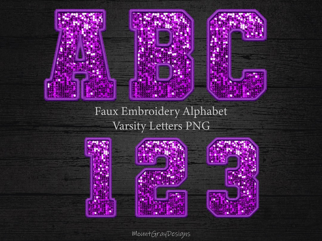 Faux Embroidery Letters PNG Set, Purple Sequin, Varsity Letters ...