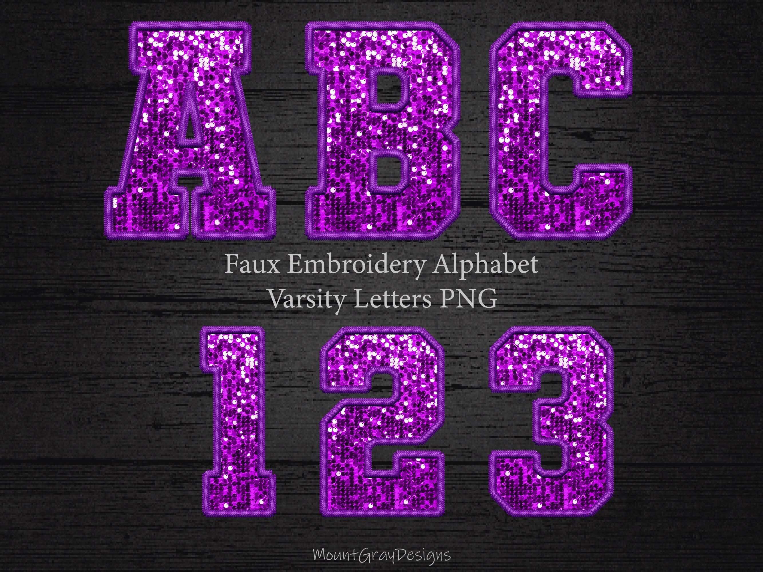 Faux Embroidery Letters PNG Set, Purple Sequin, Varsity Letters ...
