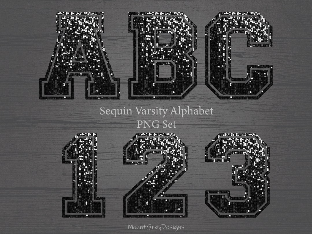 Sequin Letters PNG Alphabet Bundle, Black Varsity Letters and Numbers ...