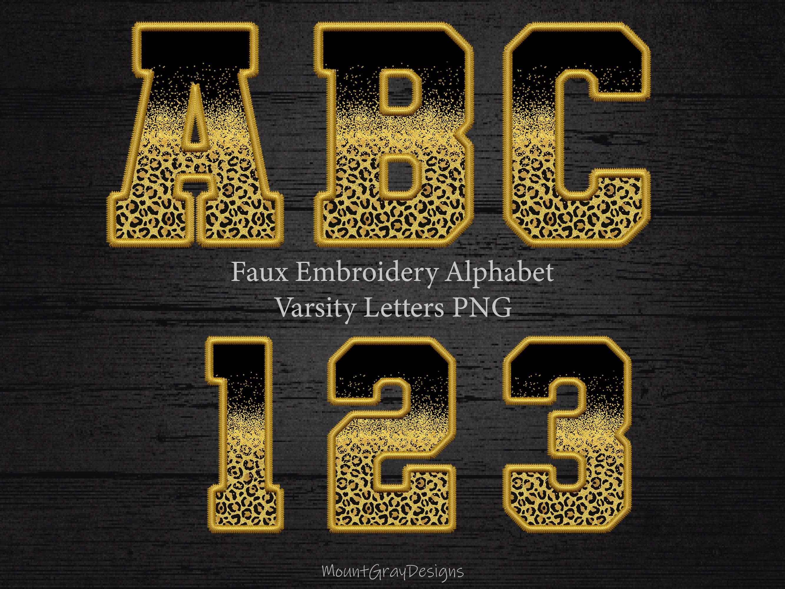 Faux Embroidery Leopard Alpha PNG Set, Black Gold Glitter Leopard ...