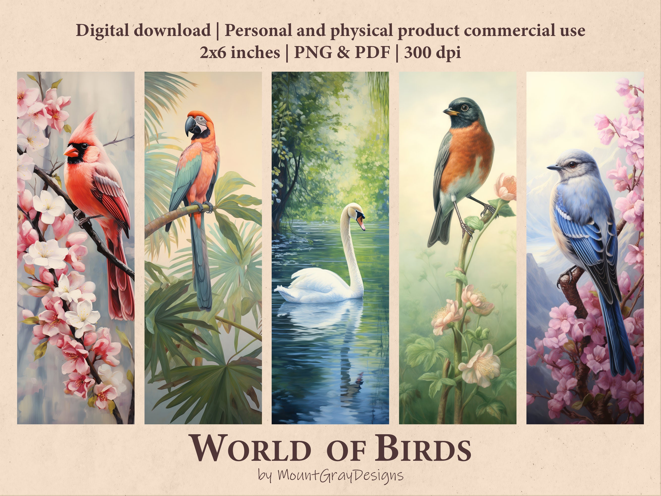 10 Birds Printable Bookmarks PNG & PDF Watercolor Bookmark Design ...