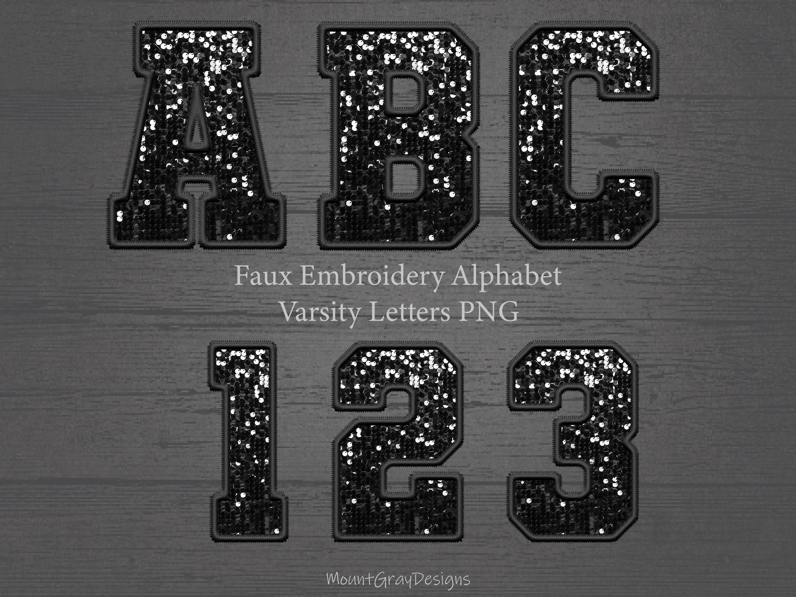 Faux Embroidery Letters PNG Set, Black Sequin, Varsity Letters, Digital ...
