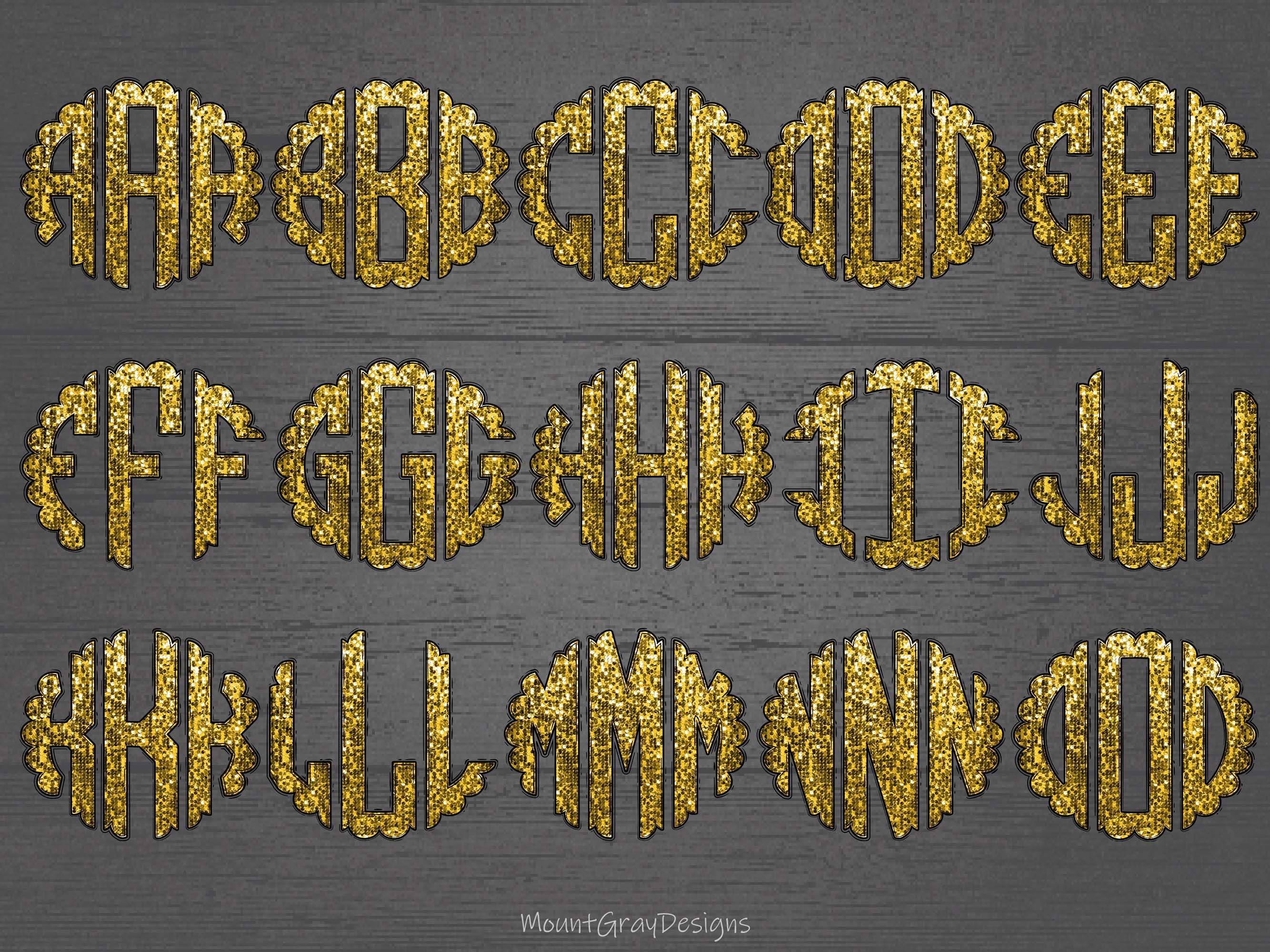 Scalloped Monogram PNG, Yellow Gold Faux Sequin Glitter Round Monogram ...