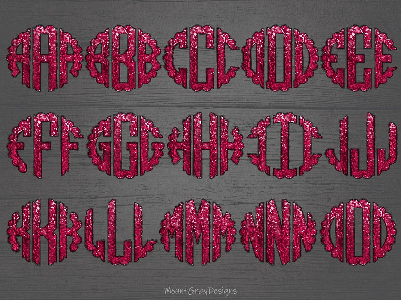 Scalloped Monogram PNG, Pink Faux Sequin Glitter Round Monogram, Doodle Letters, Full Alphabet ...