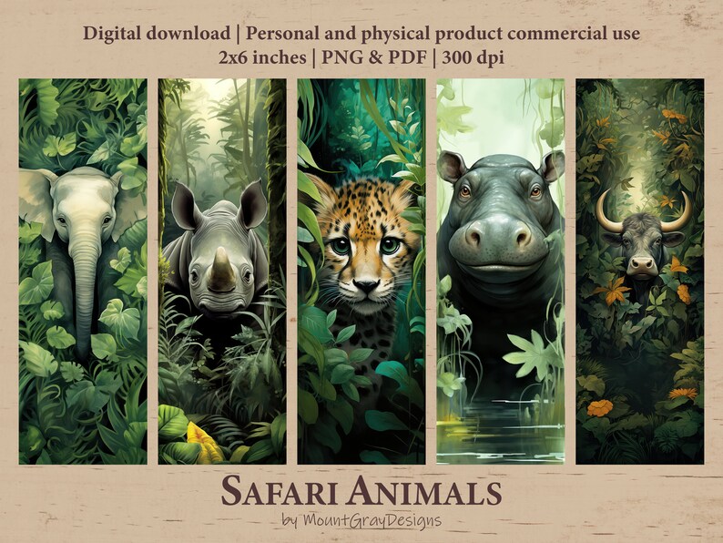 10 Watercolor Safari Animals Printable Bookmarks PNG & PDF Bookmark ...