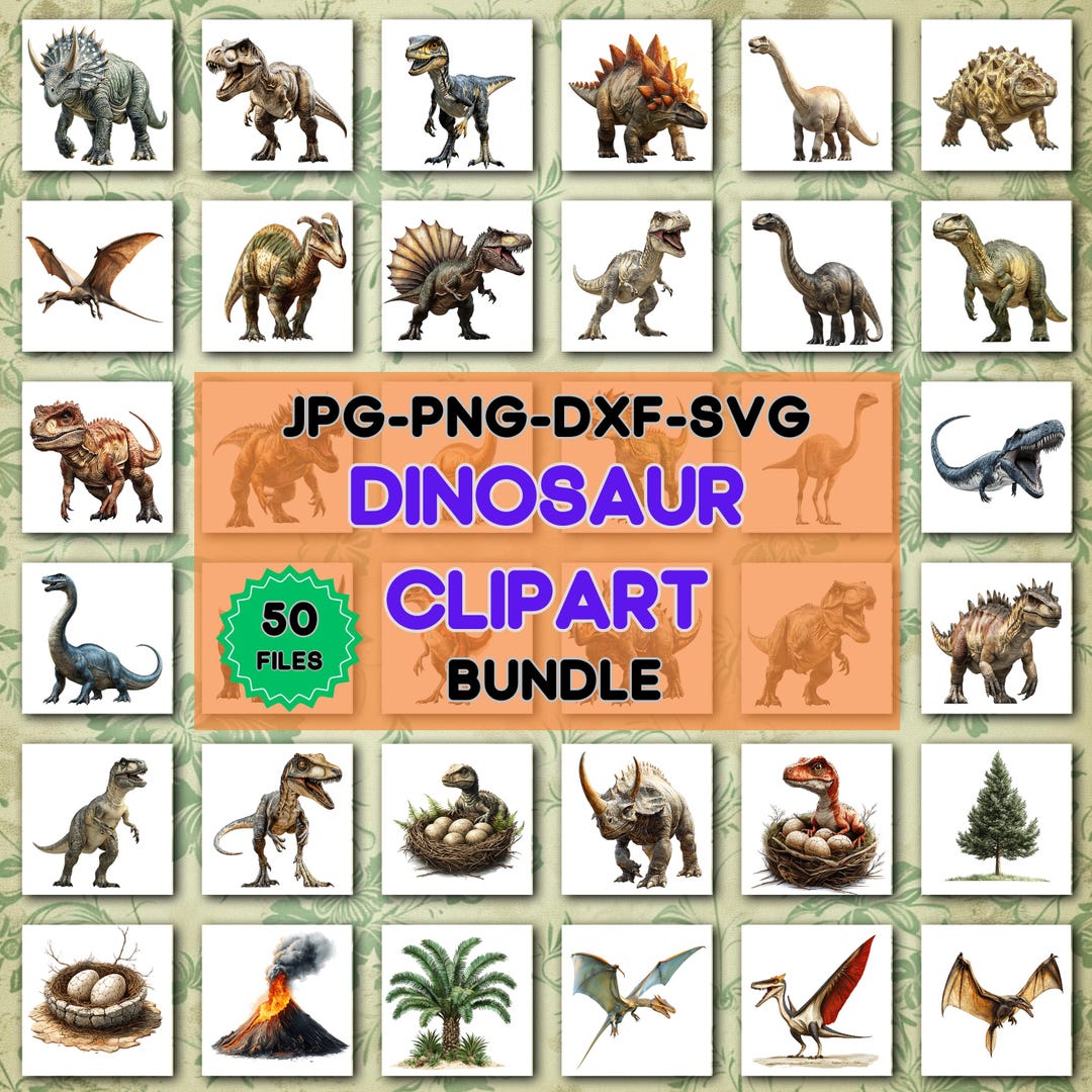 Realistic Dinosaur Clipart Bundle, T-rex, Triceratops, Diplodocus PNG ...