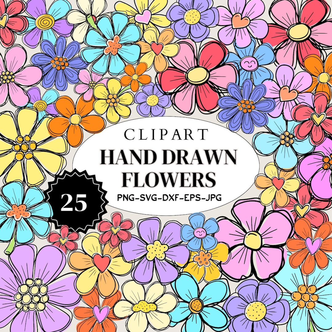 Hand Drawn Flower Clipart Bundle, 25 Colorful Floral Designs, Png Svg ...