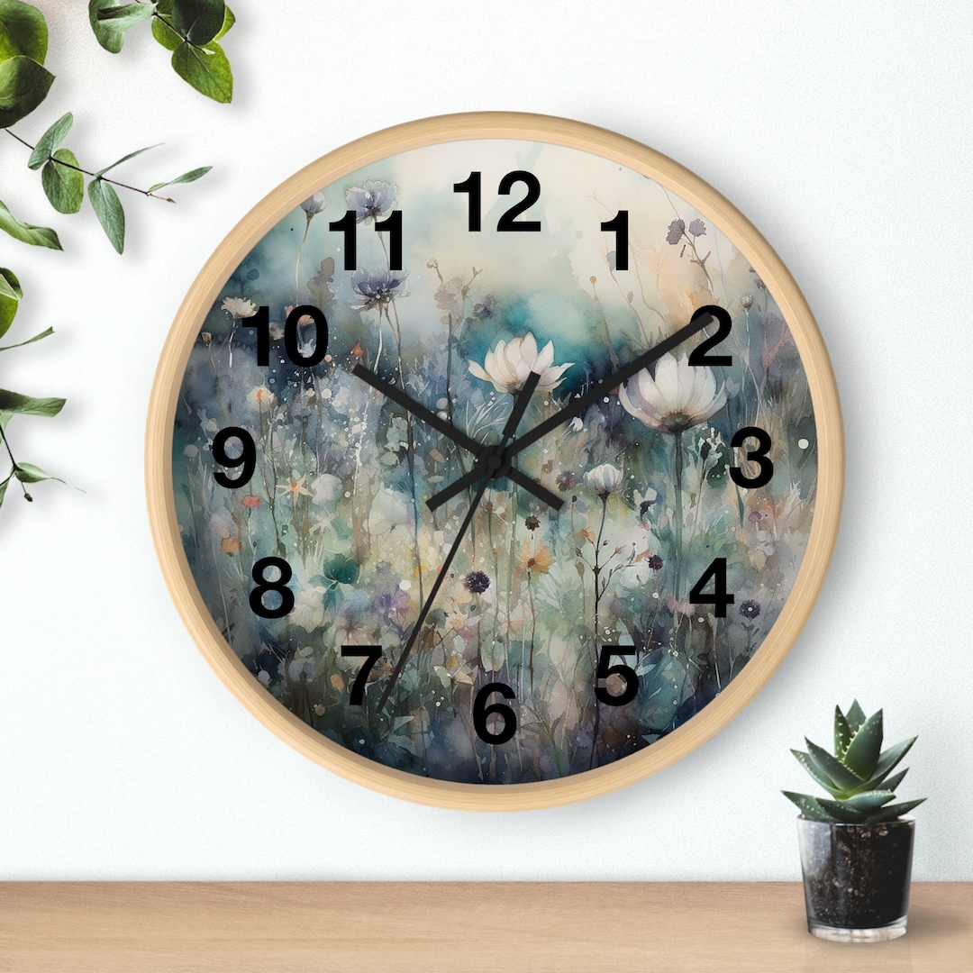 Wildflower Wall Clock: Vibrant Watercolor Design in Blue - Botanical ...