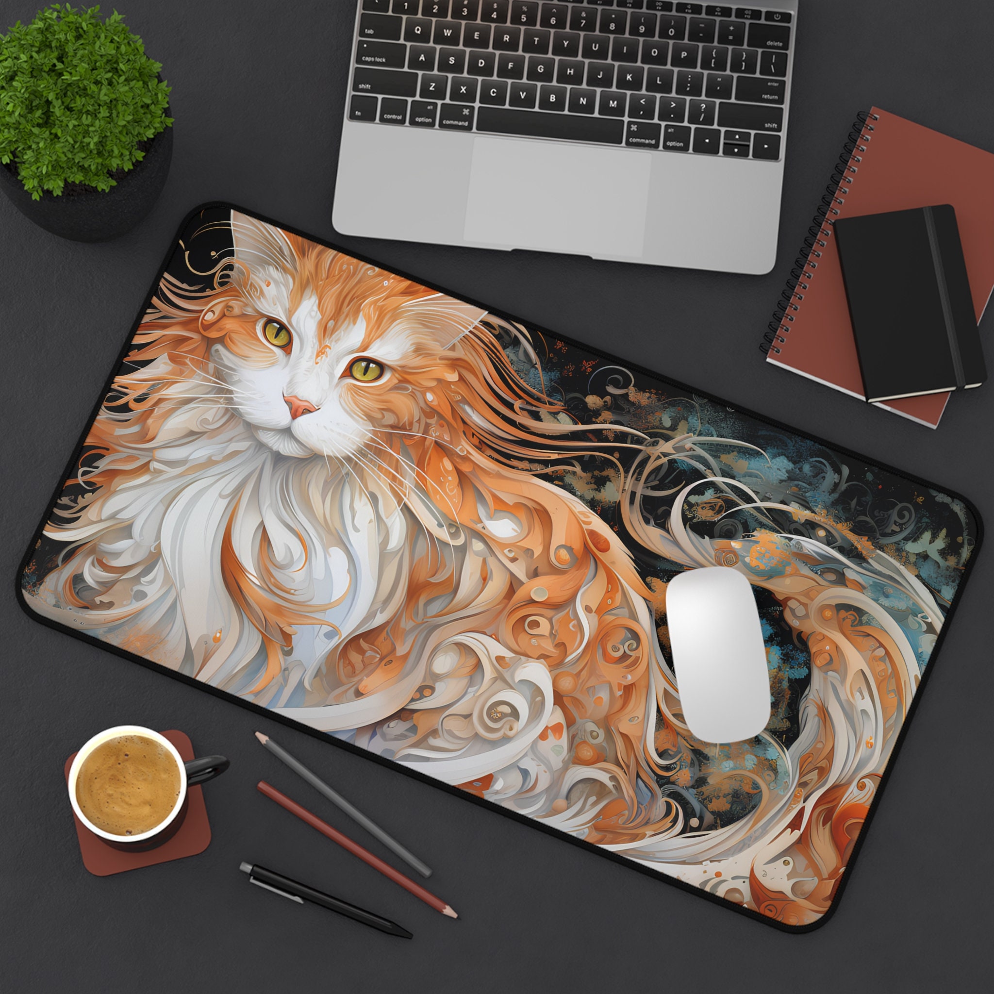 Whimsical Cat Desk Mat Cute Cat Desk Mat Tabby Cat Desk Pad Kawaii Desk ...