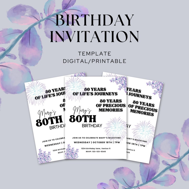 80th Birthday Invitation Printable Digital Invitation Etsy