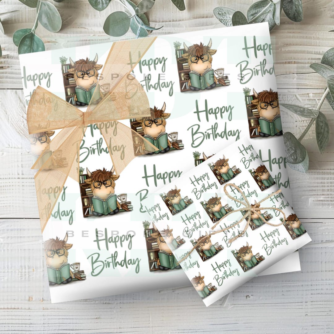 Reading Highland Cow Wrapping Paper Gift Wrap Birthday Wrapping Paper ...