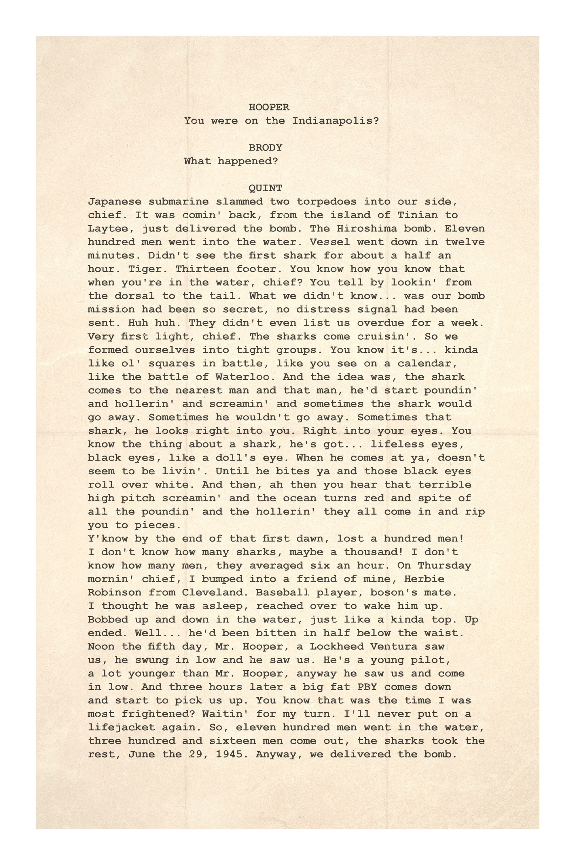 Jaws US Indianapolis Speech Script Mock-up Poster Unframed Print Only ...