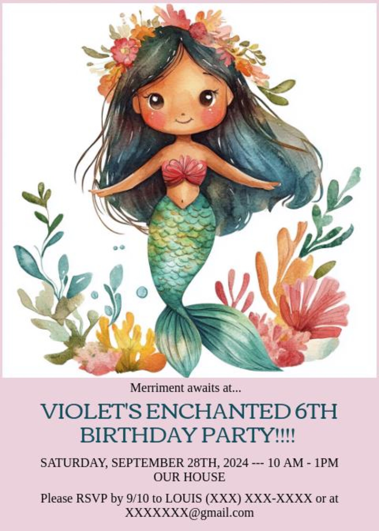 Mermaid Birthday Party Invite Latina Mermaid Birthday Template ...