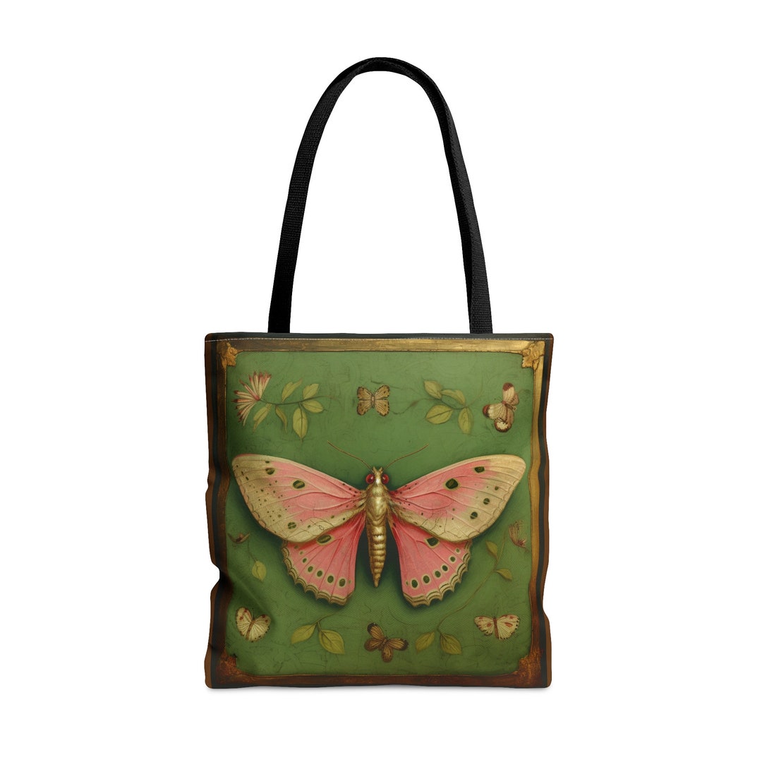 COTTAGECORE TOTE BAG, Pink and Green Tote, Pink Moth Tote Bag, Pink ...