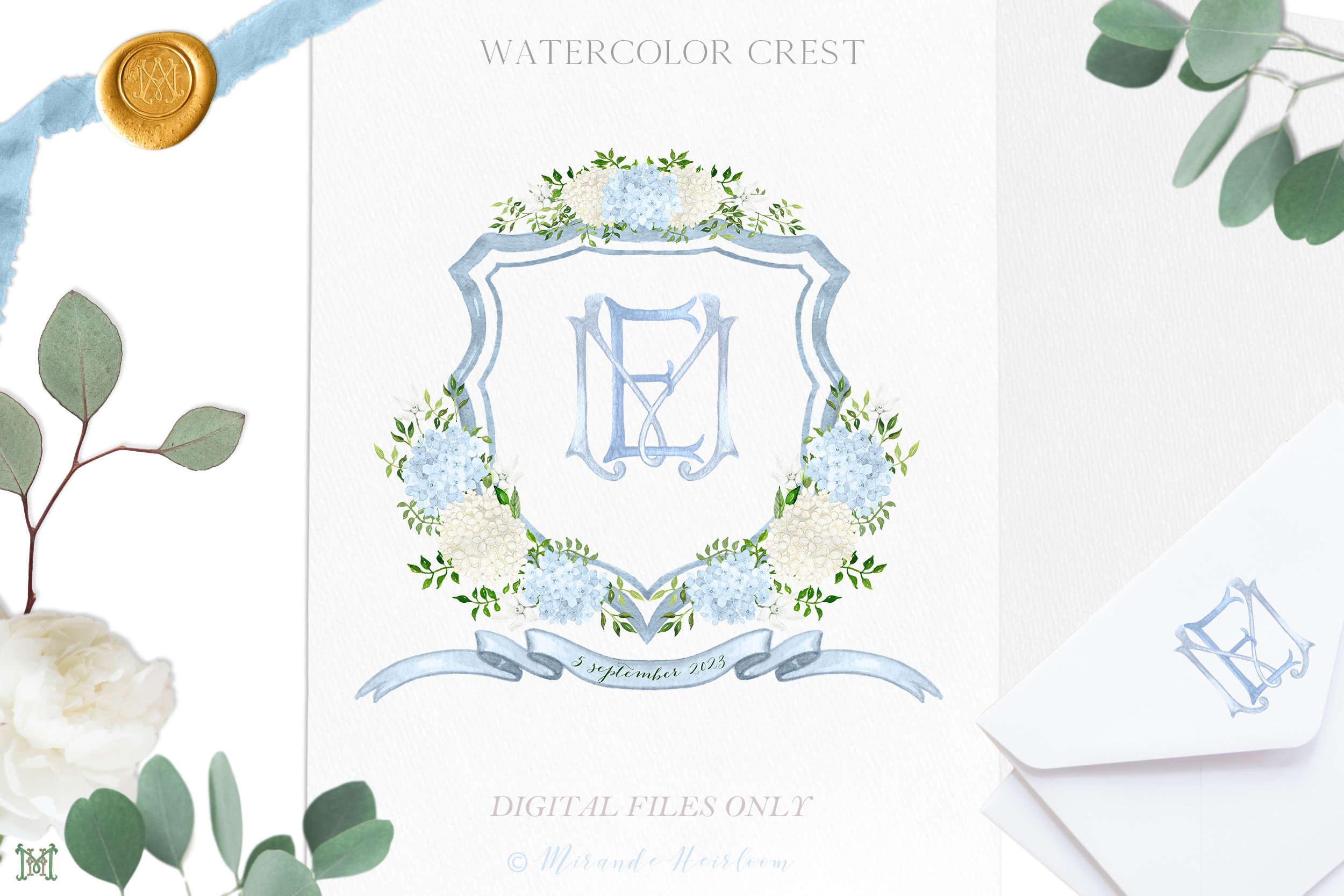 Blue Hydrangea Watercolor Monogram Crest | Personalized Monogram ...