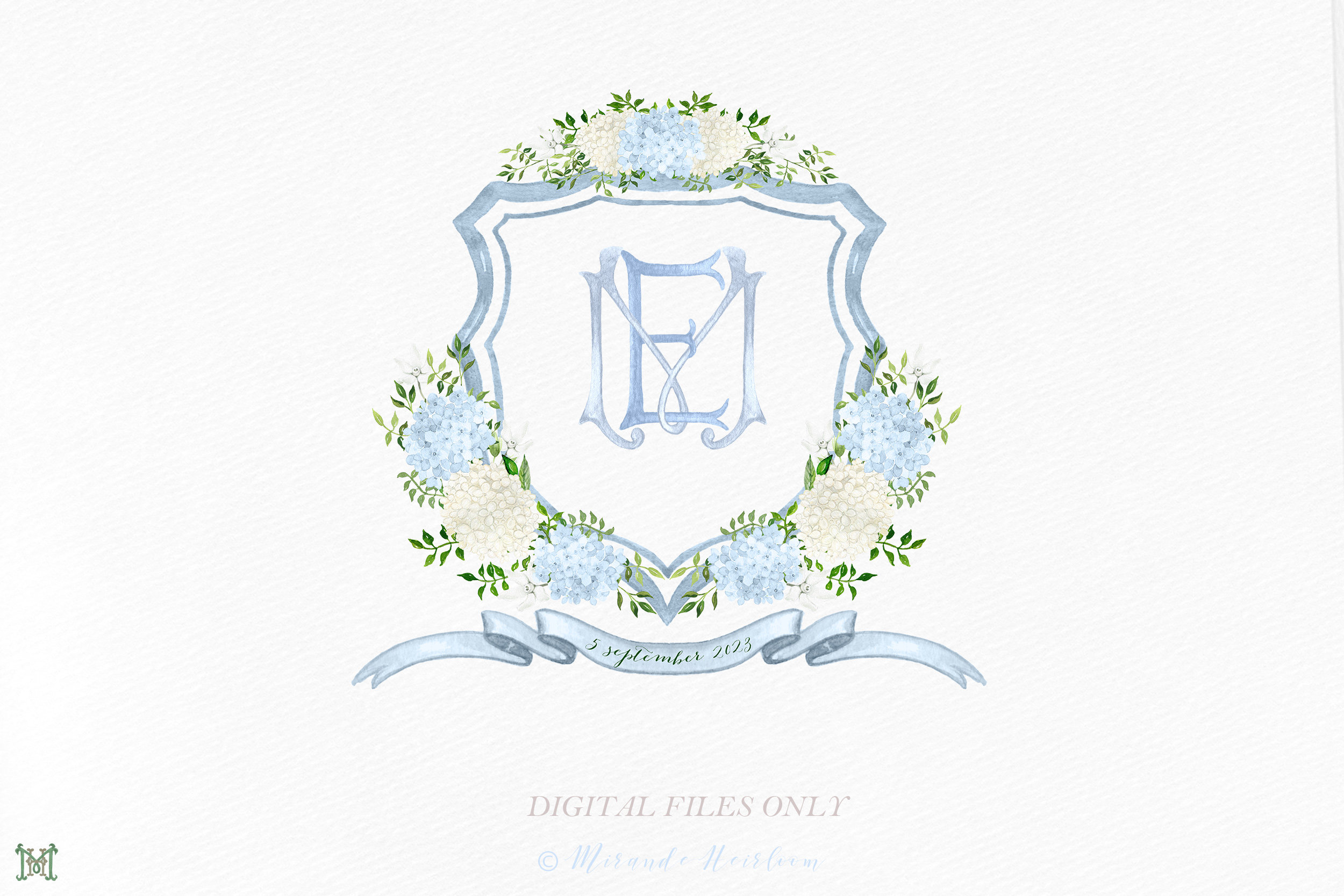 Blue Hydrangea Watercolor Monogram Crest | Personalized Monogram ...
