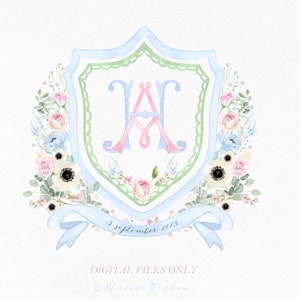 Watercolor Monogram Crest | Personalized Wedding Floral Design (digital ...