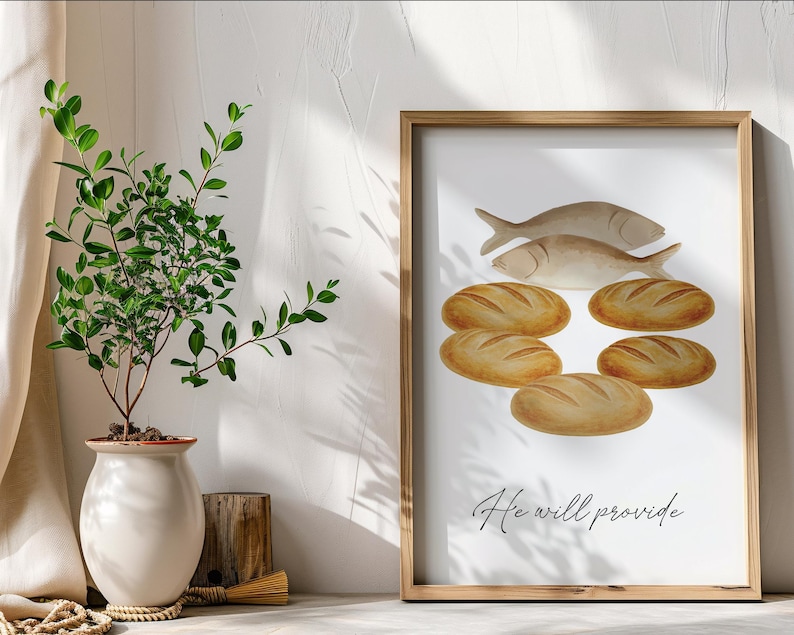 Jesus Feeds 5000 Christian Wall Art Printable, He Will Provide, Bread ...