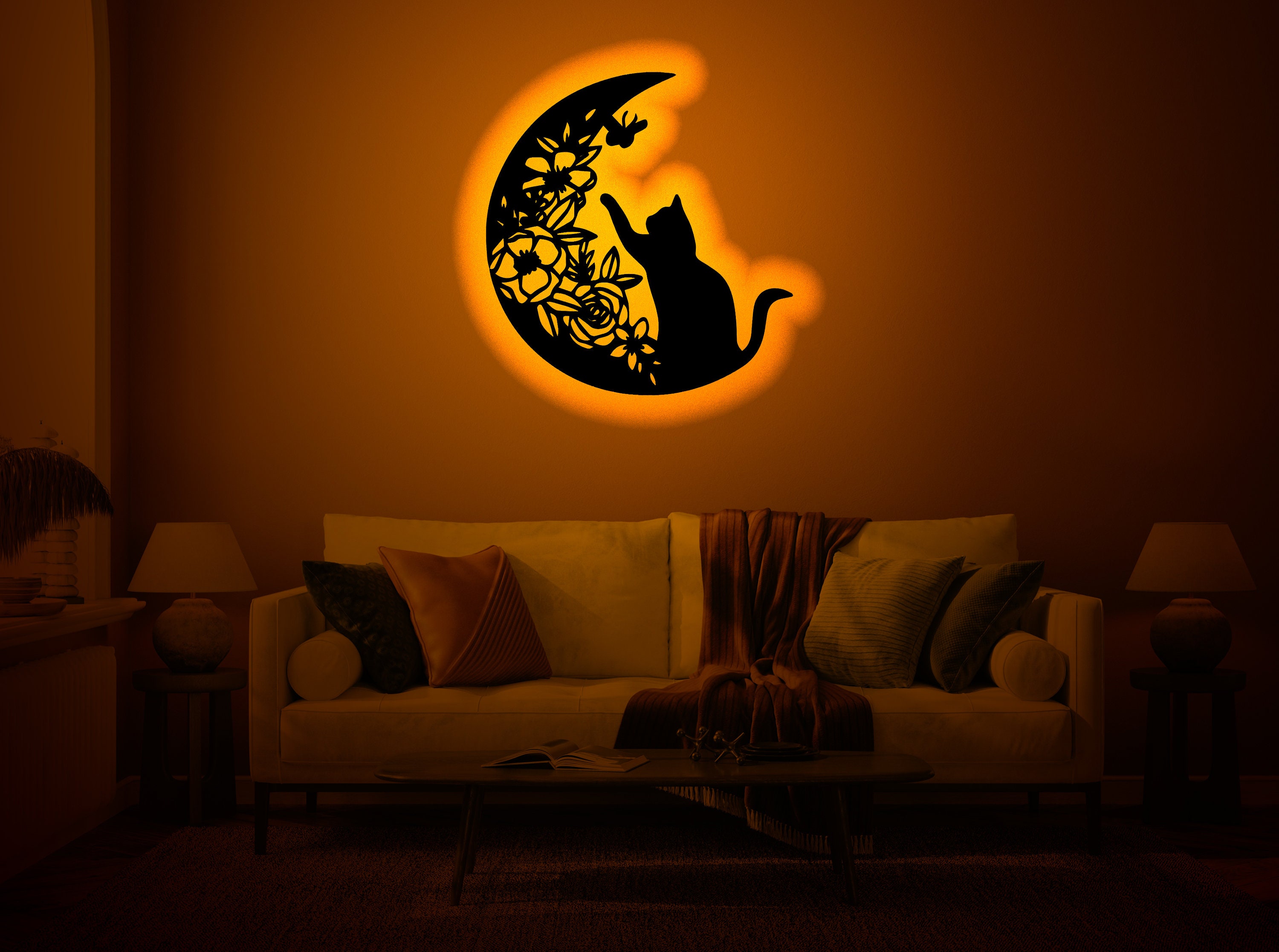 Black Cat Wood Wall Art With Rgb Led Light, Cat on the Moon Name Sign ...