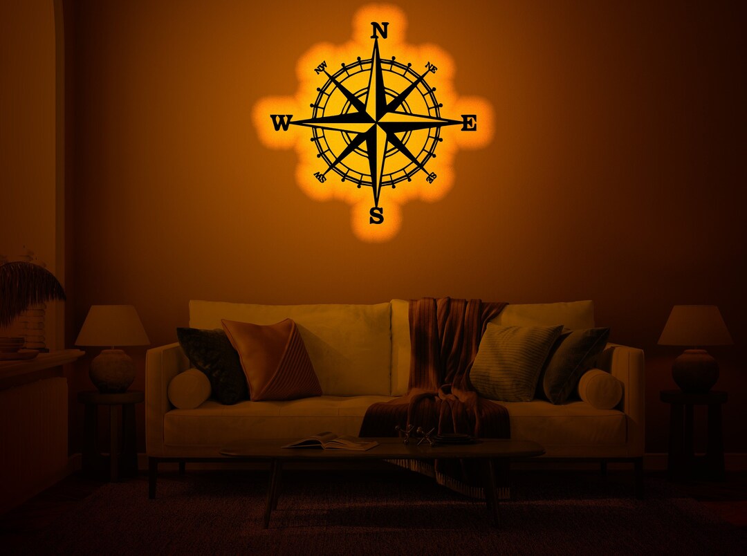 Compass Wood Wall Art With Rgb Led Light, Nautical Compass Light up ...