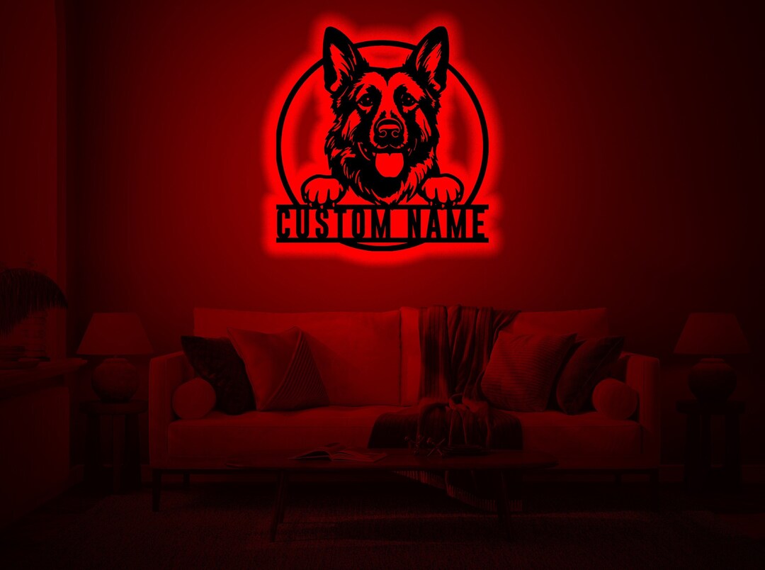Custom German Shepherd Wood Wall Art With RGB LED Light, Pet Name Sign ...