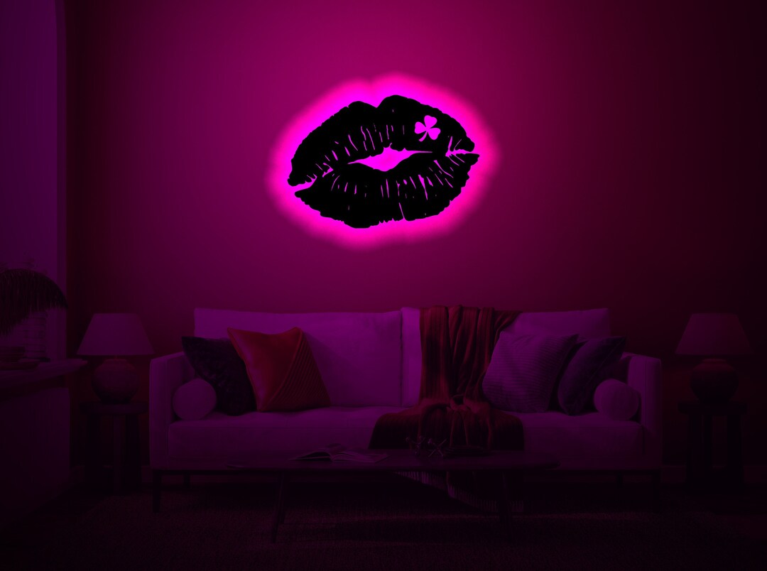 Lips Love Kiss Wood Wall Art With Rgb Led Light, Lips Neon Name Sign ...