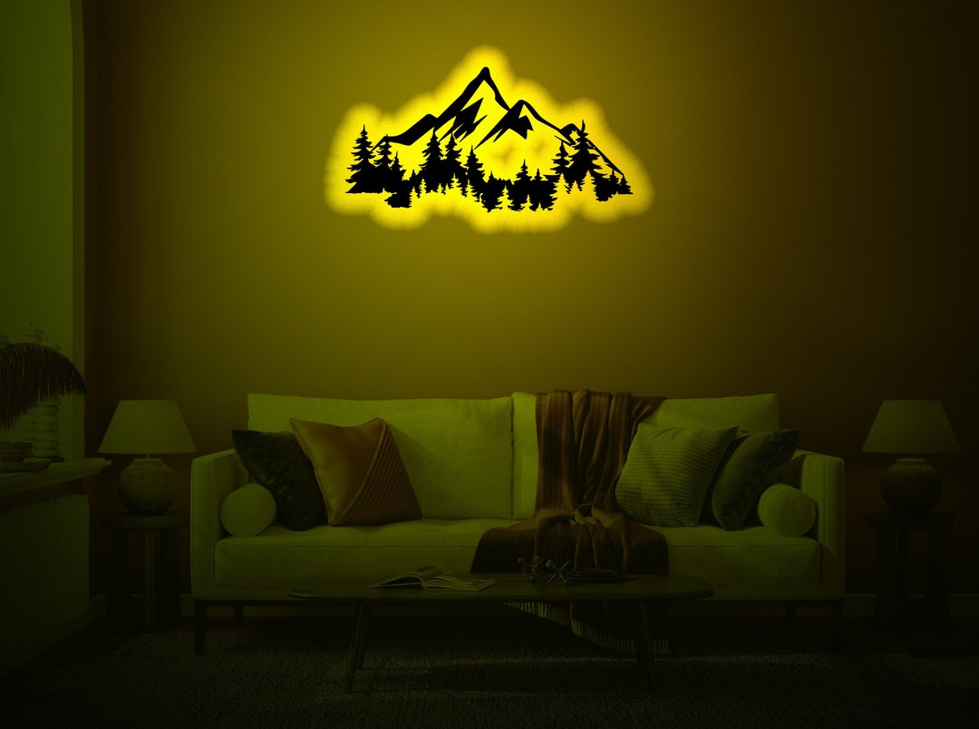 Mountain Wood Wall Art With Rgb Led Light, Forrest Neon Name Sign ...