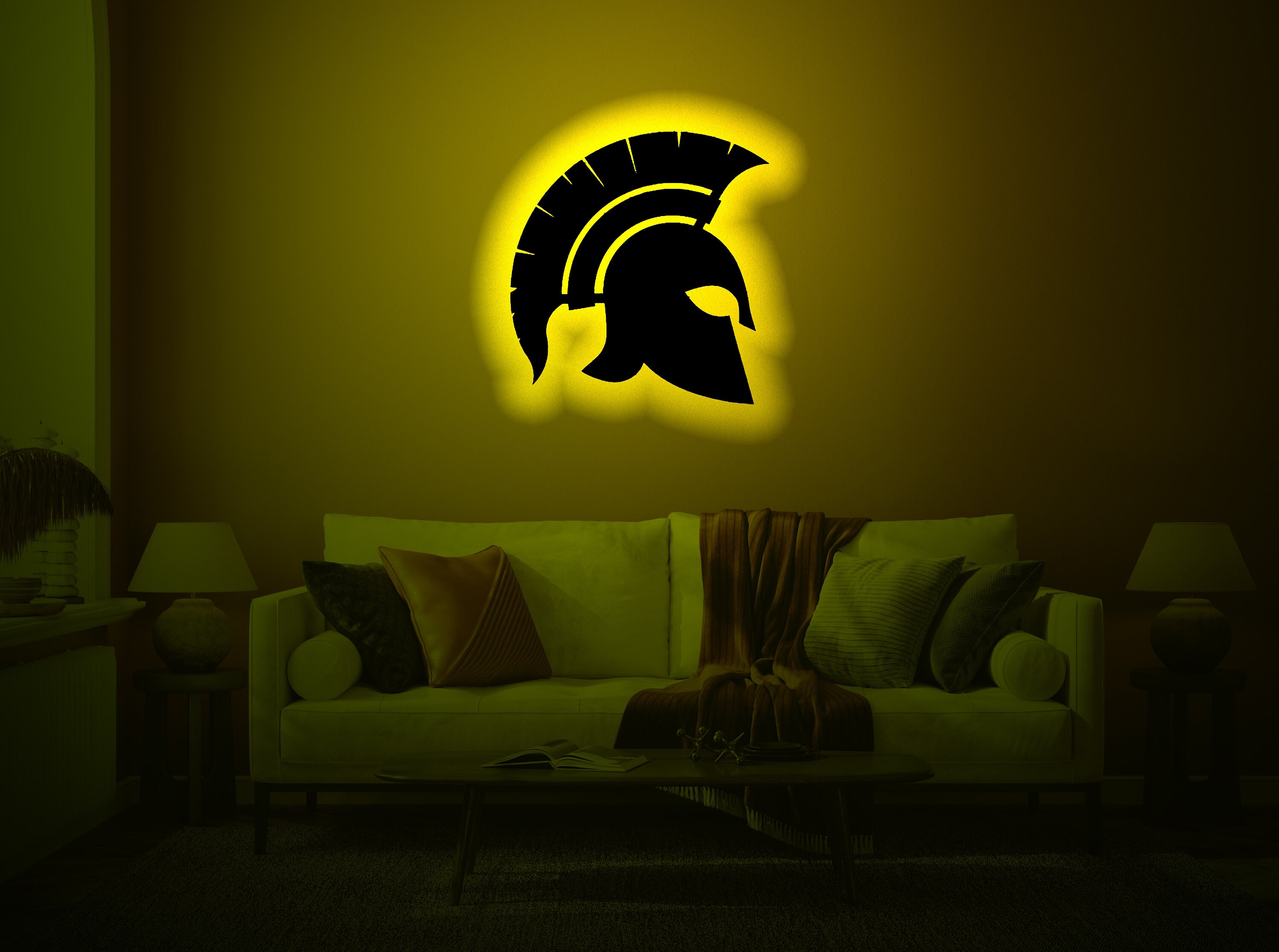 RGB LED Spartan Helmet Wood Wall Art: Neon Sign Decor - Etsy