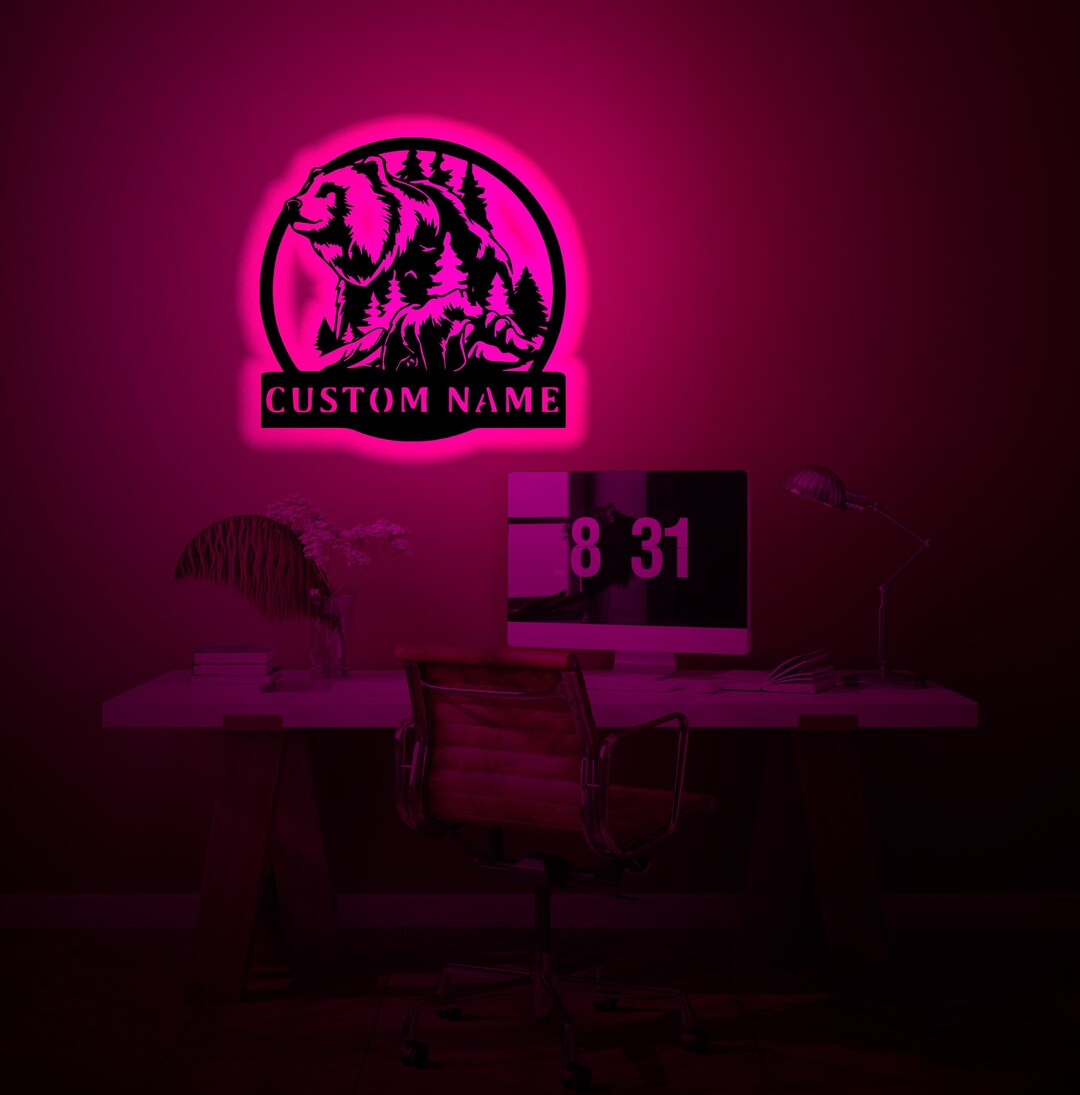 Custom Bear Wood Wall Art With Rgb Led Light, Bear Name Sign ...
