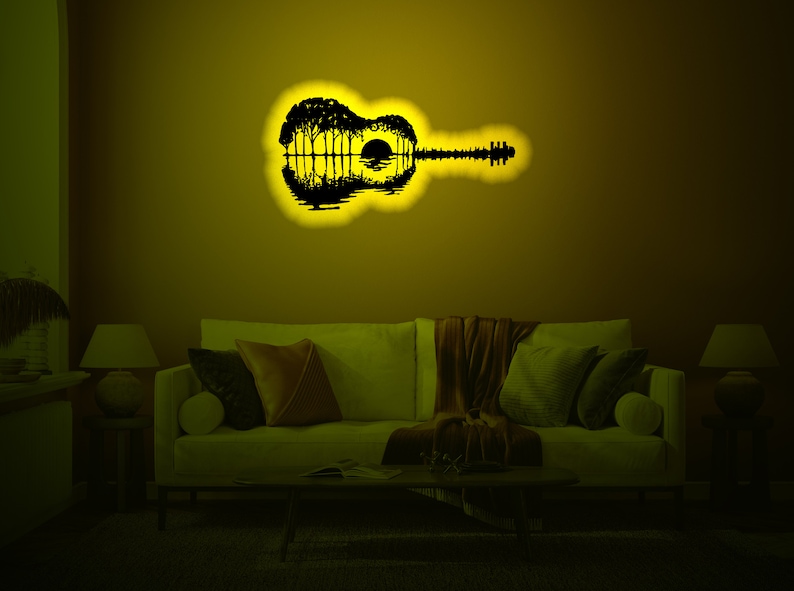 Guitar Wood Wall Art With Rgb Led Light, Sunset Guitar Neon Sign ...