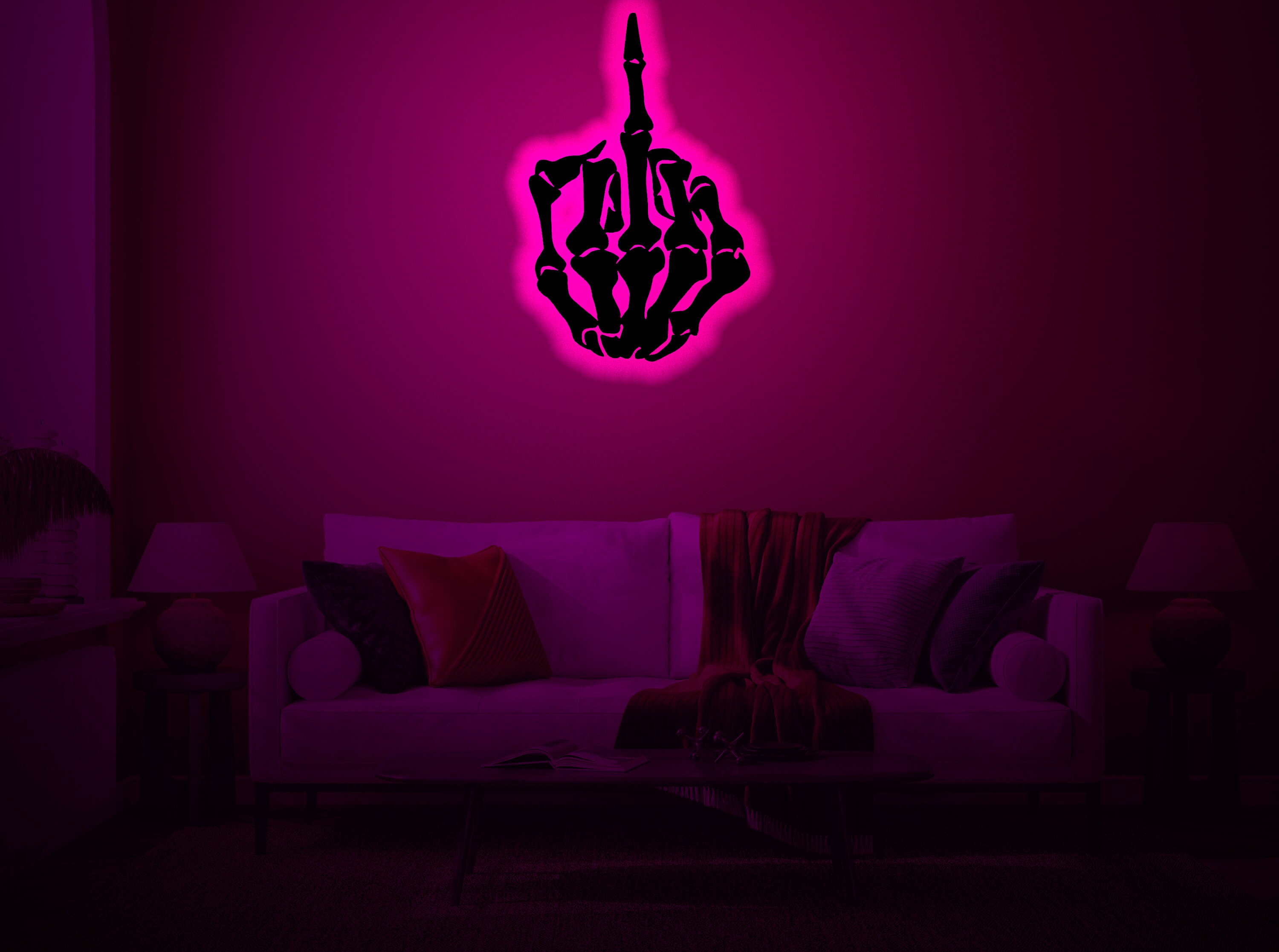 Middle Finger Wood Wall Art With Rgb Led Light, Skeleton Middle Finger ...