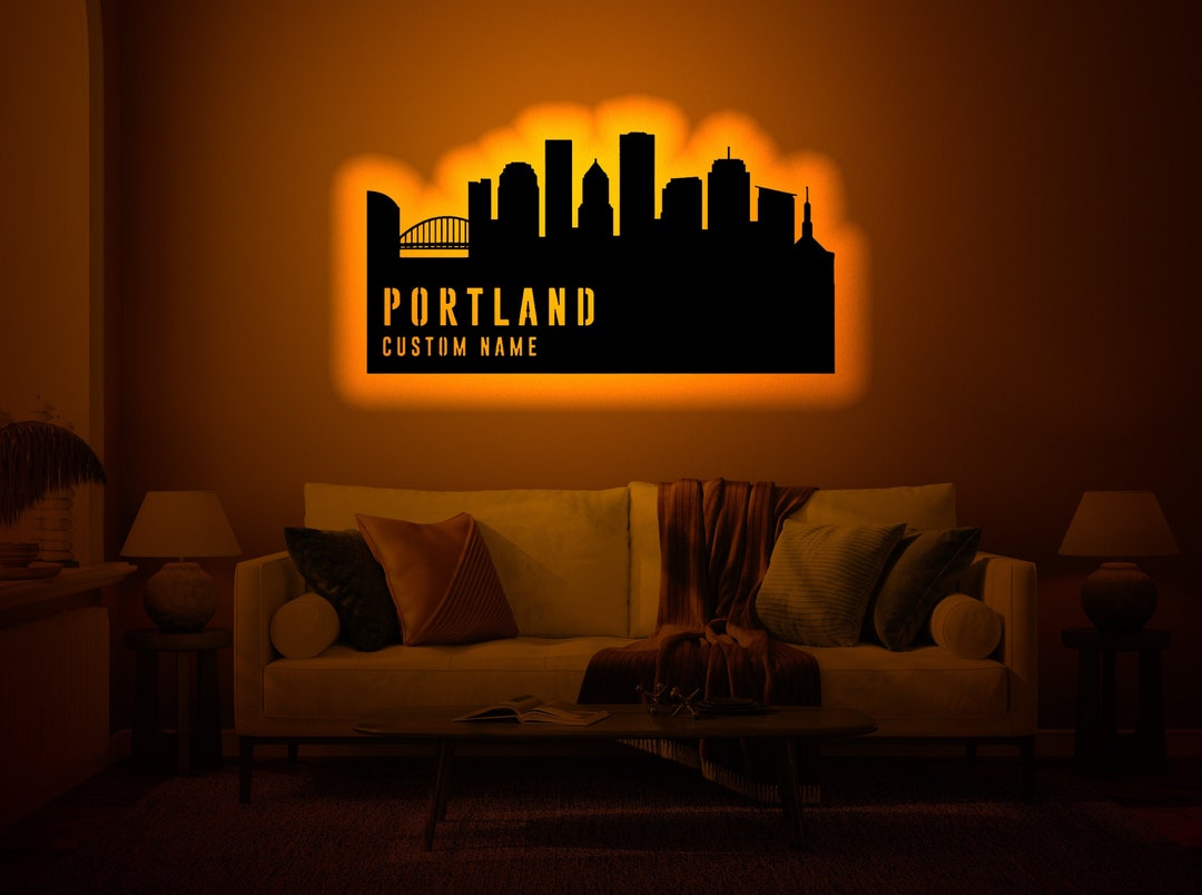 Personalized Portland Silhouette Wood Wall Art With Rgb Light, Custom ...