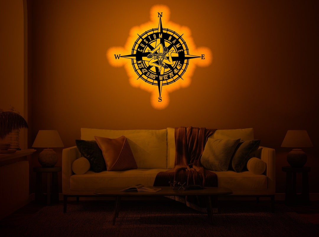 Personalized Sicilian Trinacria Compass Wood Wall Art With RGB LED - Etsy