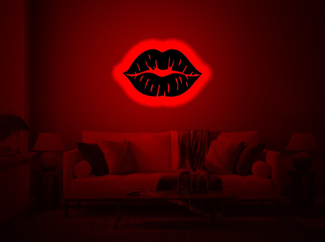 Lips Love Kiss Wood Wall Art Rgb Led Light, Lips Neon Name Sign Decor ...