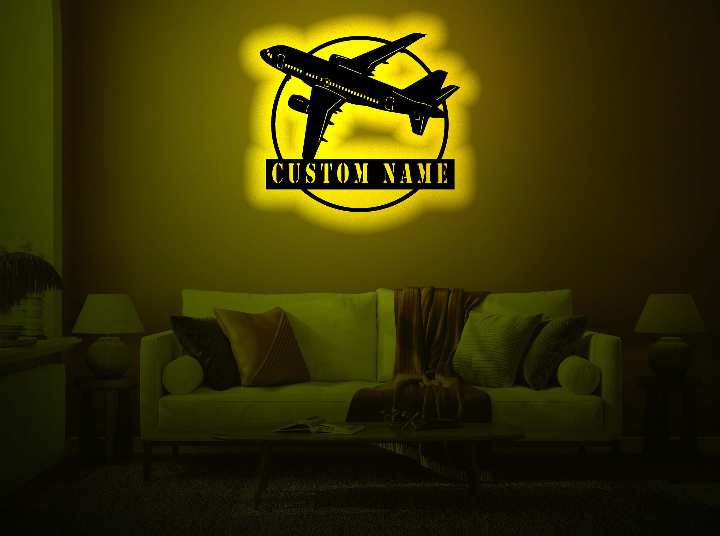 Custom Airplane Wood Wall Art Rgb Led Light, Custom Pilot Neon Name ...