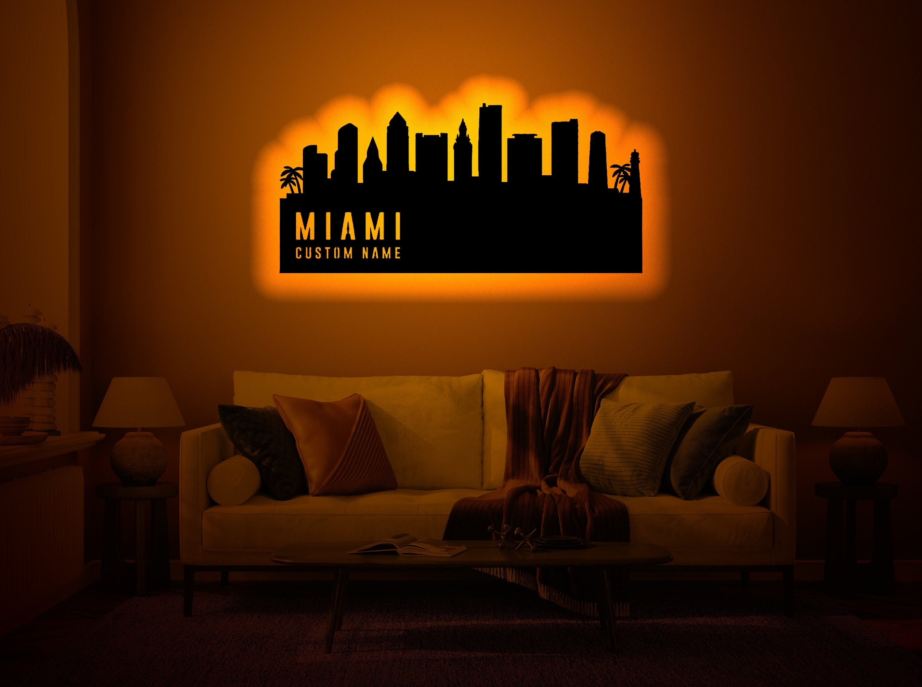 Personalized Miami Silhouette Wood Wall Art With Rgb Led Light, Custom ...