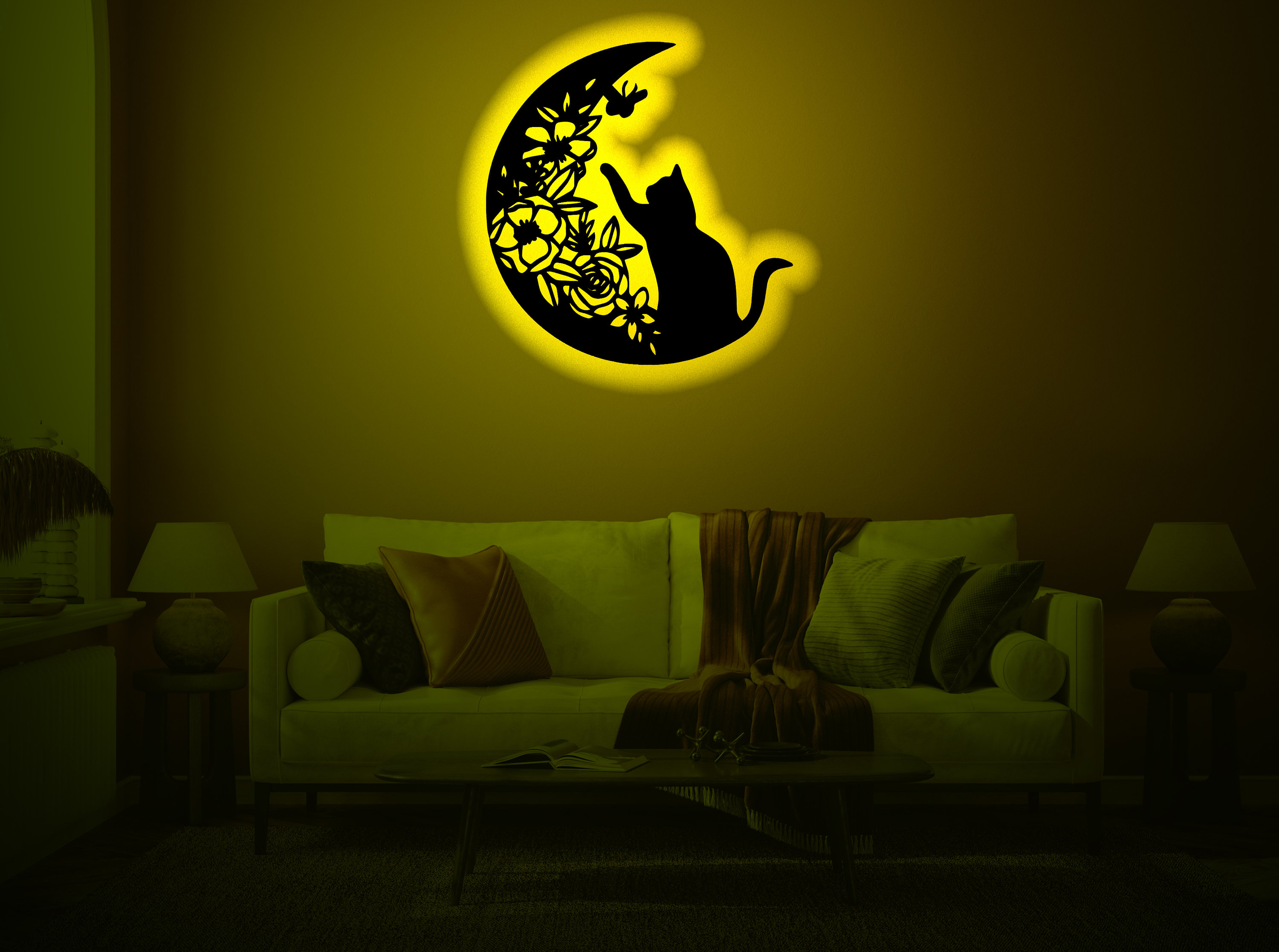 Black Cat Wood Wall Art With Rgb Led Light, Cat on the Moon Name Sign ...