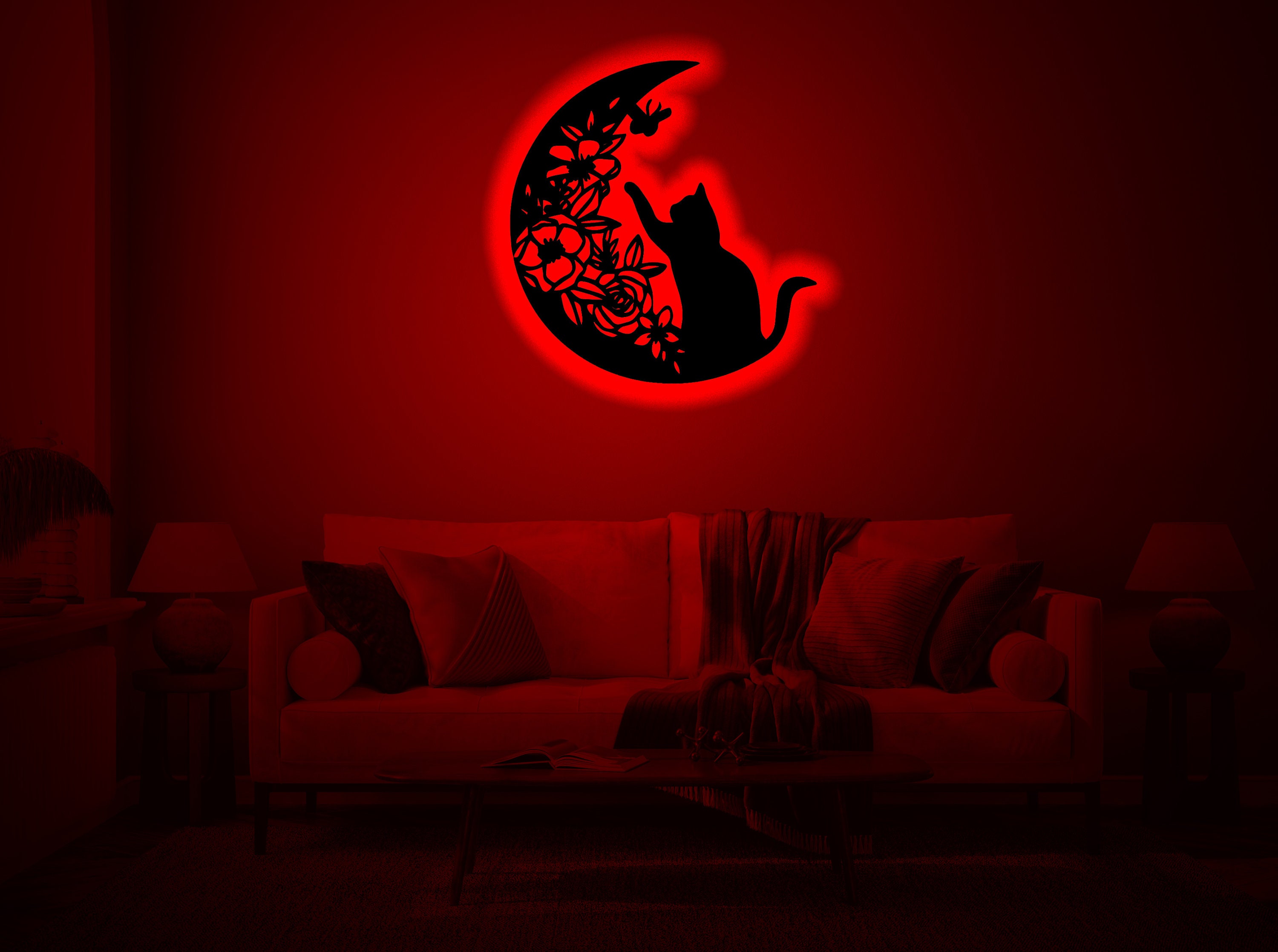 Black Cat Wood Wall Art With Rgb Led Light, Cat on the Moon Name Sign ...