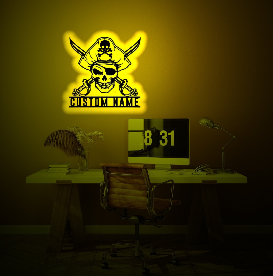 Pirate Skull Wood Wall Art: RGB LED Light, Custom Neon Sign - Etsy