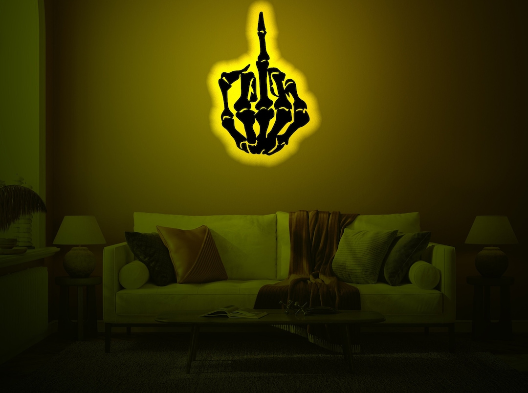 Middle Finger Wood Wall Art With Rgb Led Light, Skeleton Middle Finger ...