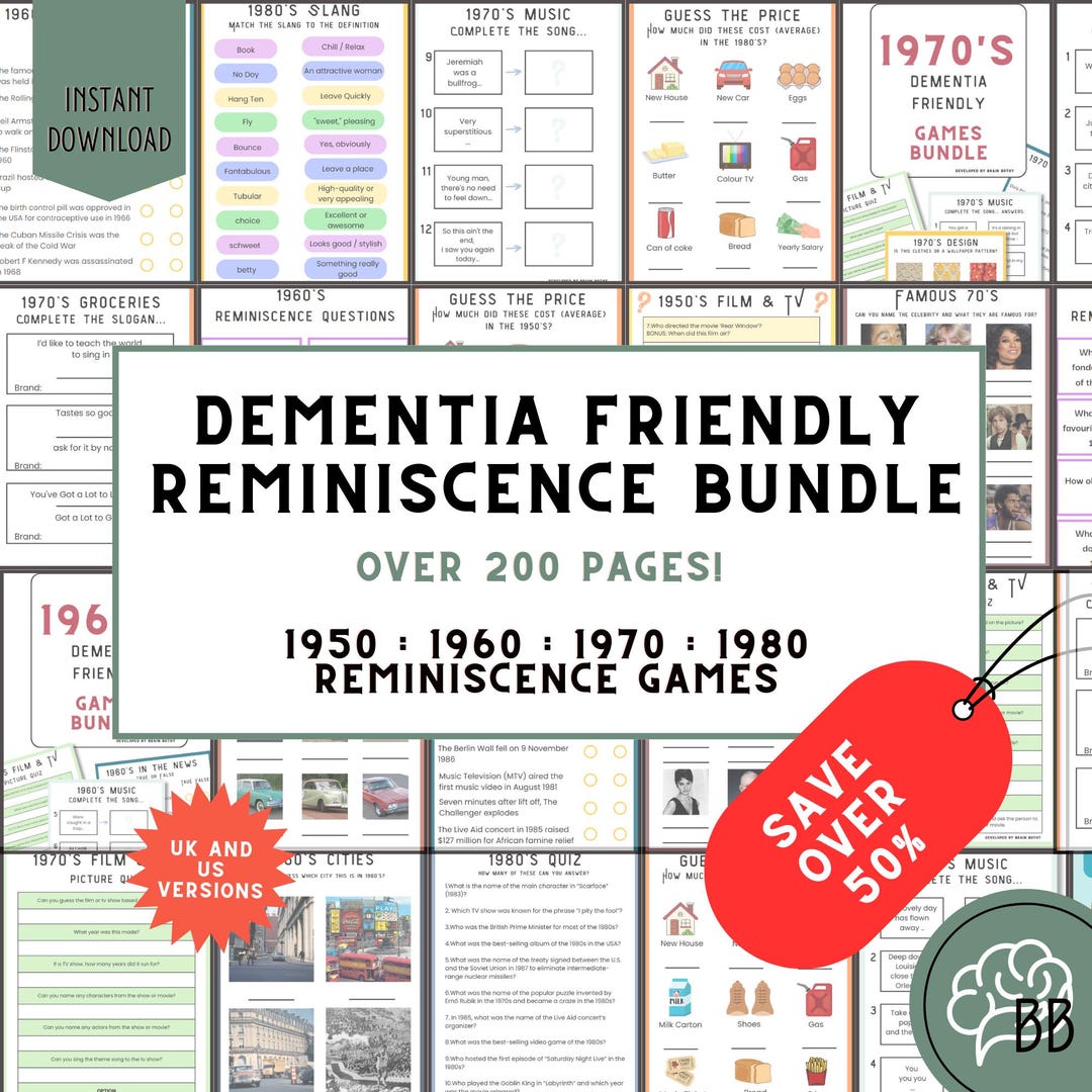 Reminiscence Bundle for Dementia Care, 1950, 1960, 1970, 1980's Games ...
