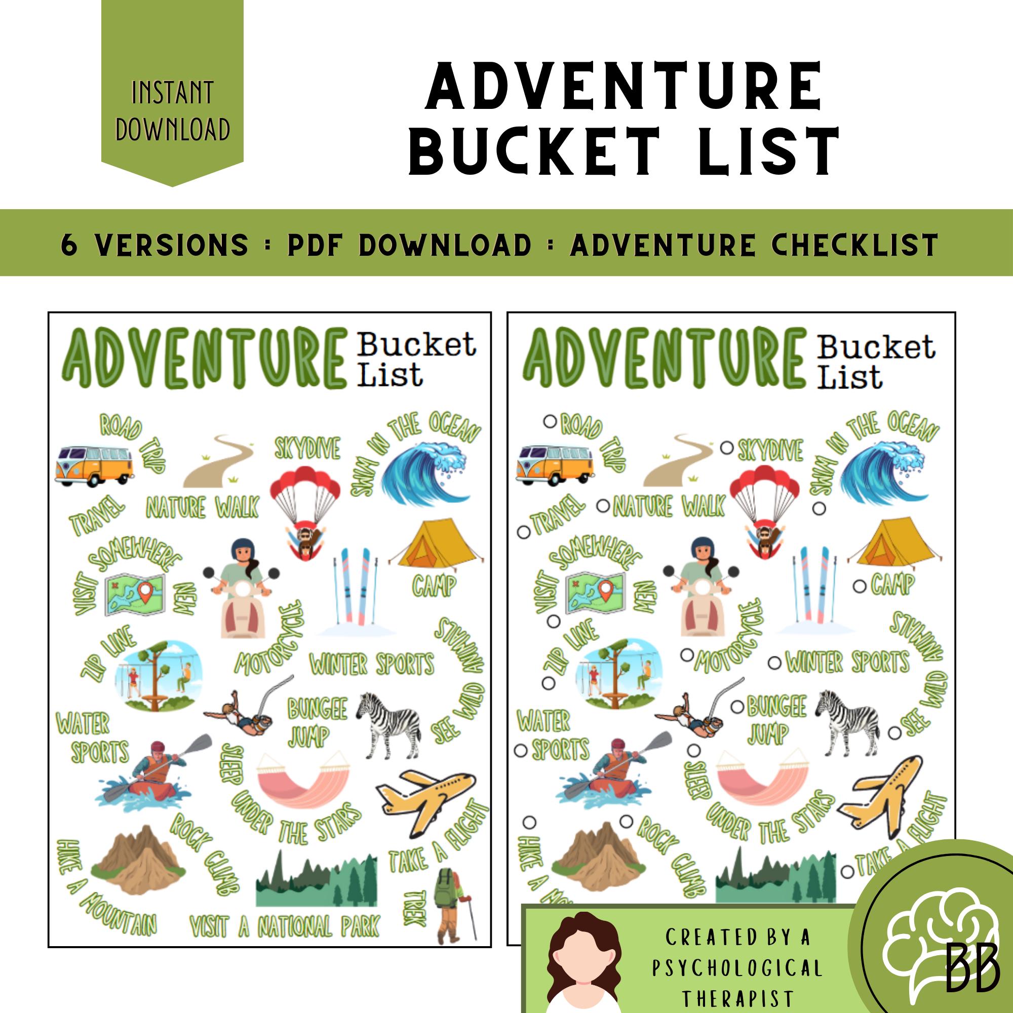Adventure Bucket List PDF Printable, Adrenaline, Self Esteem, Self Care ...