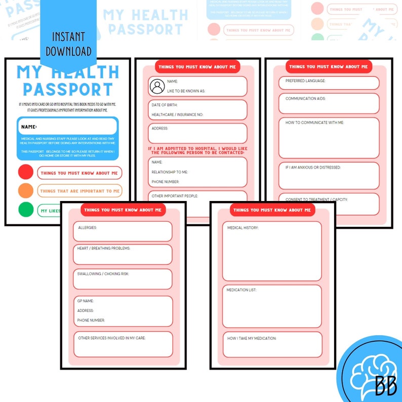 Hospital Essentials: Health Passport, Printable Digital Fillable Health ...