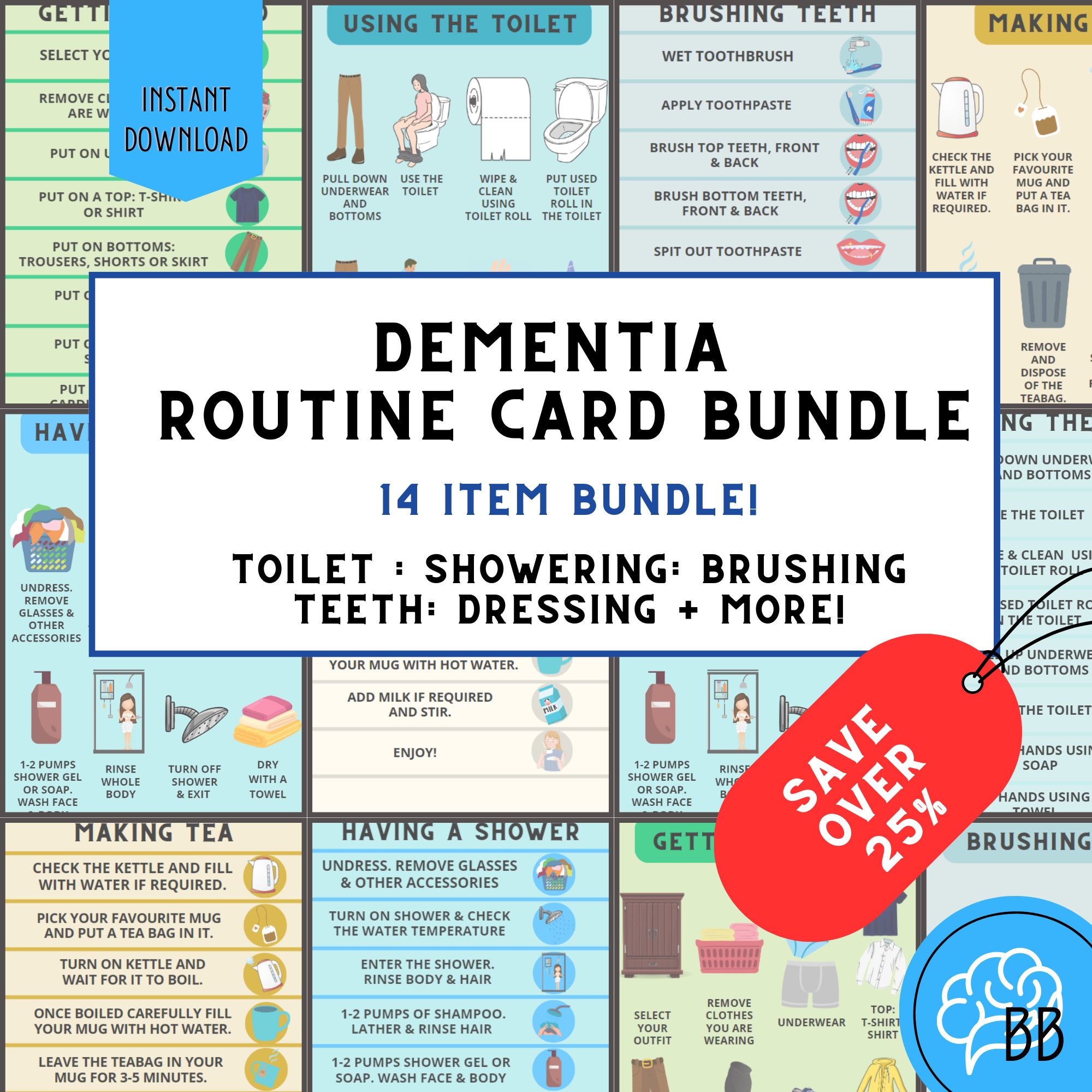 14 Item Dementia Routine Cards, Memory Loss Bundle, Shower, Toilet ...