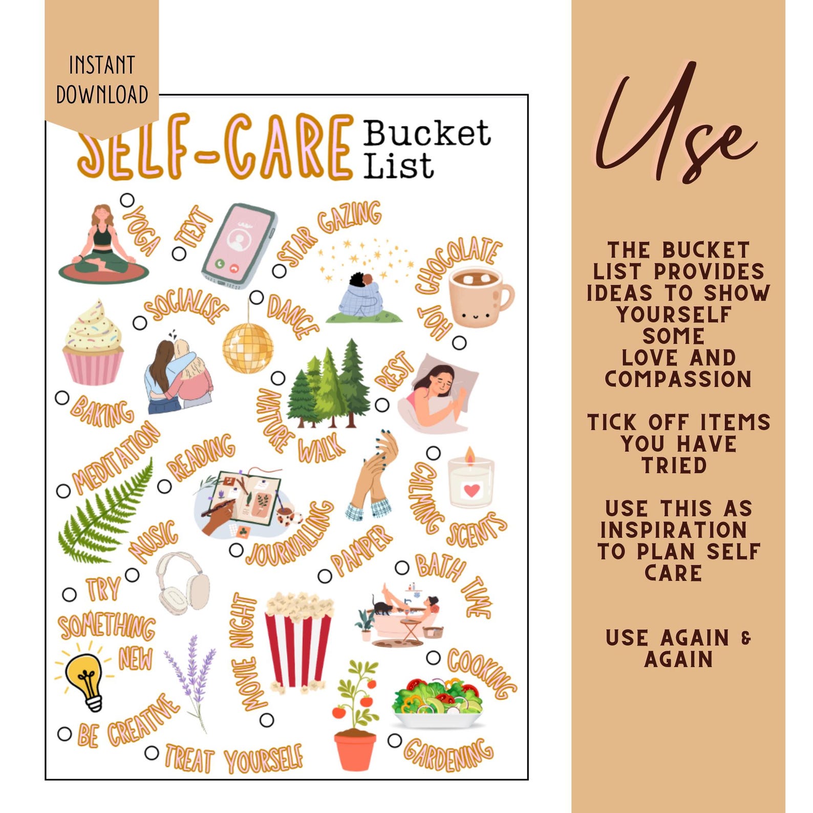 Self-care Bucket List Printables: Mental Health Checklist (PDF ...