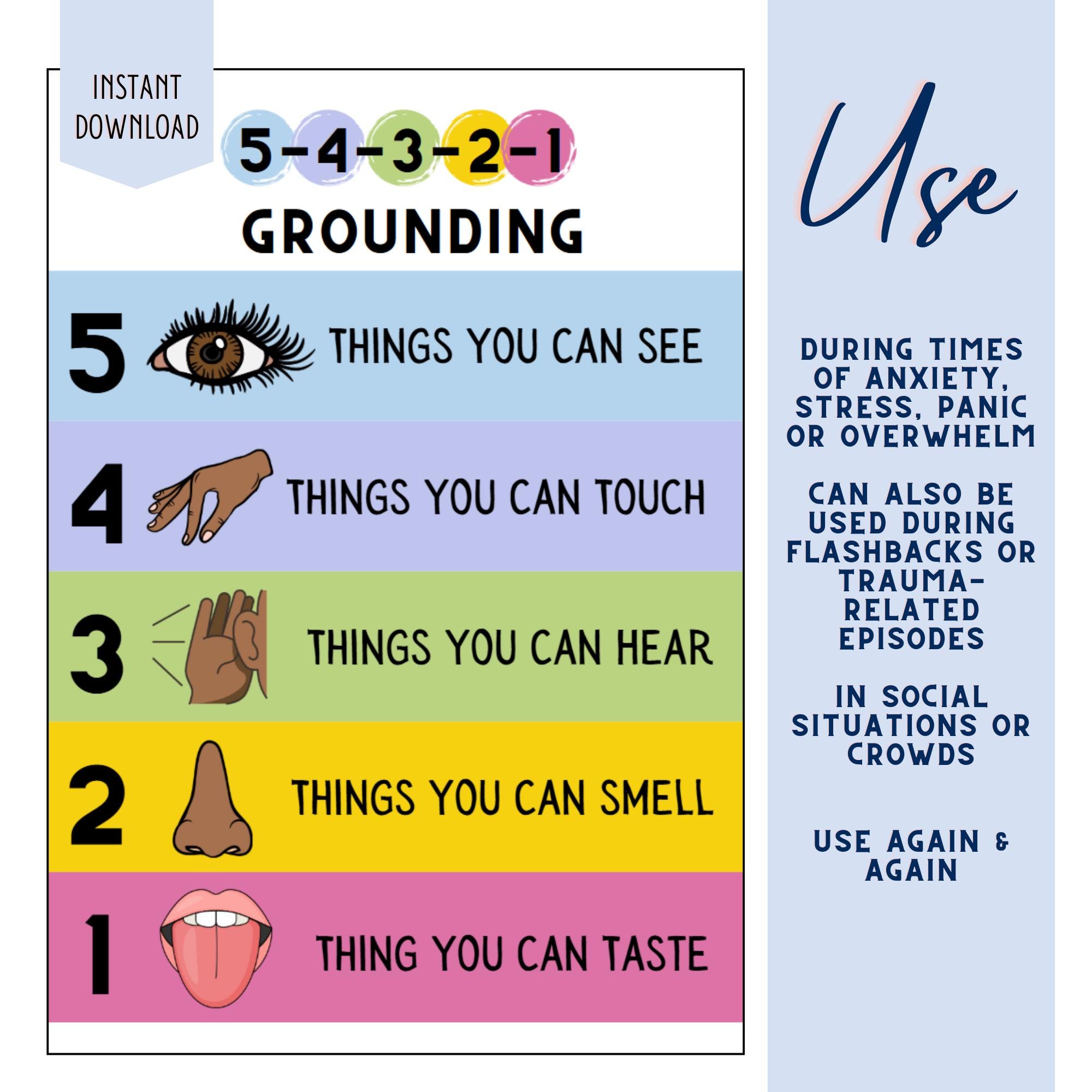 54321 Grounding Technique Print: Anxiety & Stress Relief (PDF) - Etsy