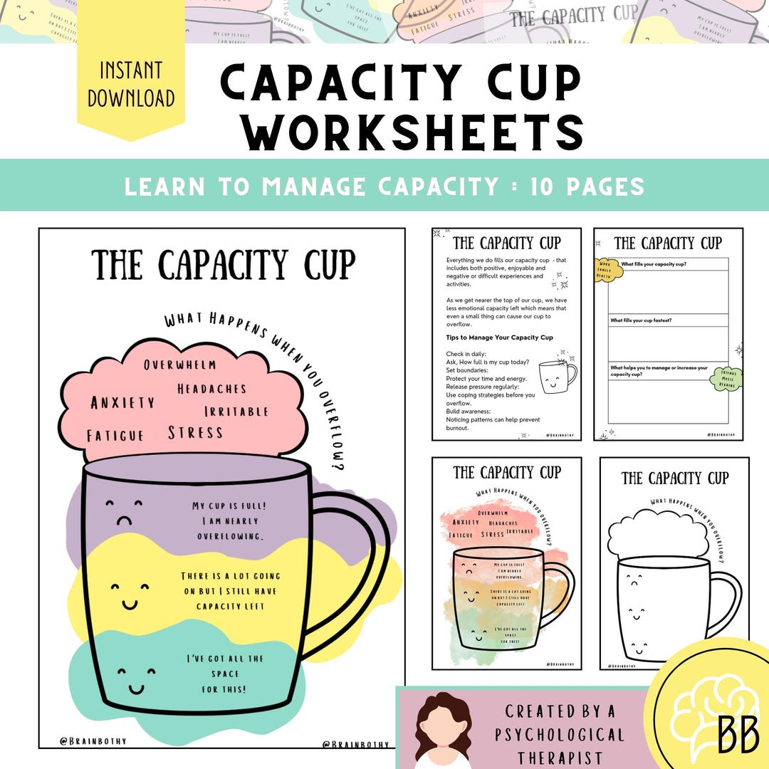 Capacity Cup Wellbeing Worksheet: Therapy PDF for Burnout Support (10 ...