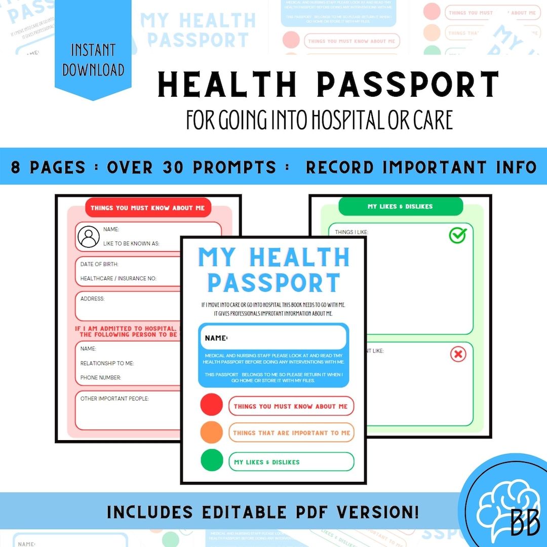 Hospital Essentials: Health Passport, Printable Digital Fillable Health ...